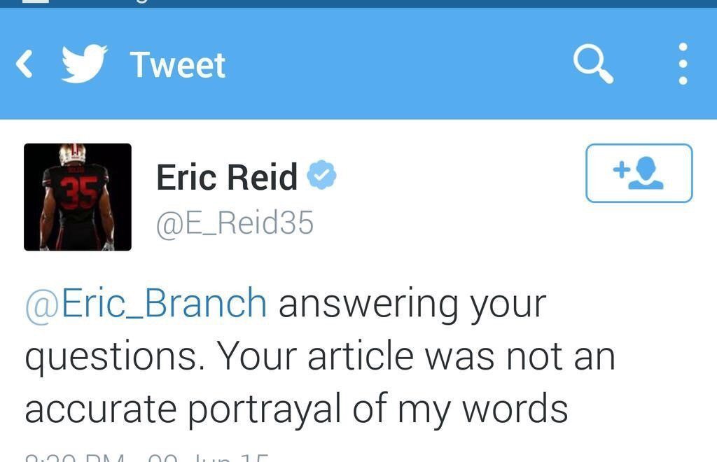 Eric Reid says he never told anyone he was contemplating retirement